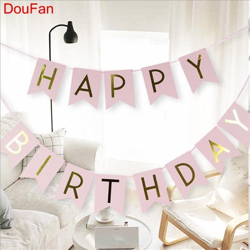 DouFan 1set Честит рожден ден флаг High End твърда хартия Банер Розов ...